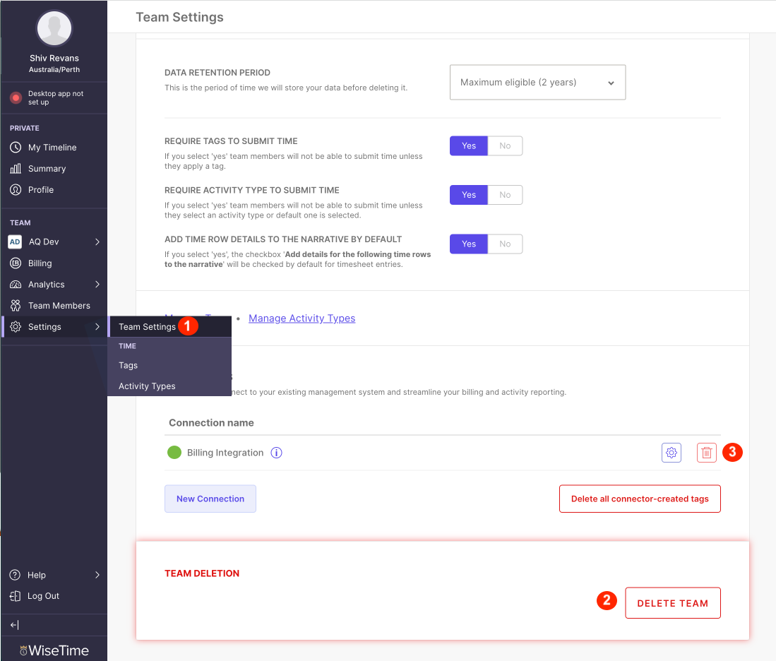 Deleting user accounts, teams and subscriptions – WiseTime